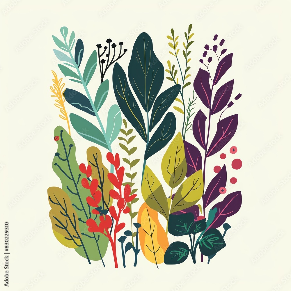 Colorful botanical illustration featuring various abstract plant leaves ...