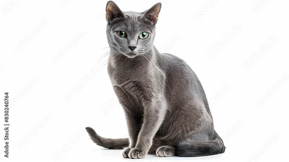 A sleek Russian Blue cat with its signature blue-gray coat and piercing ...