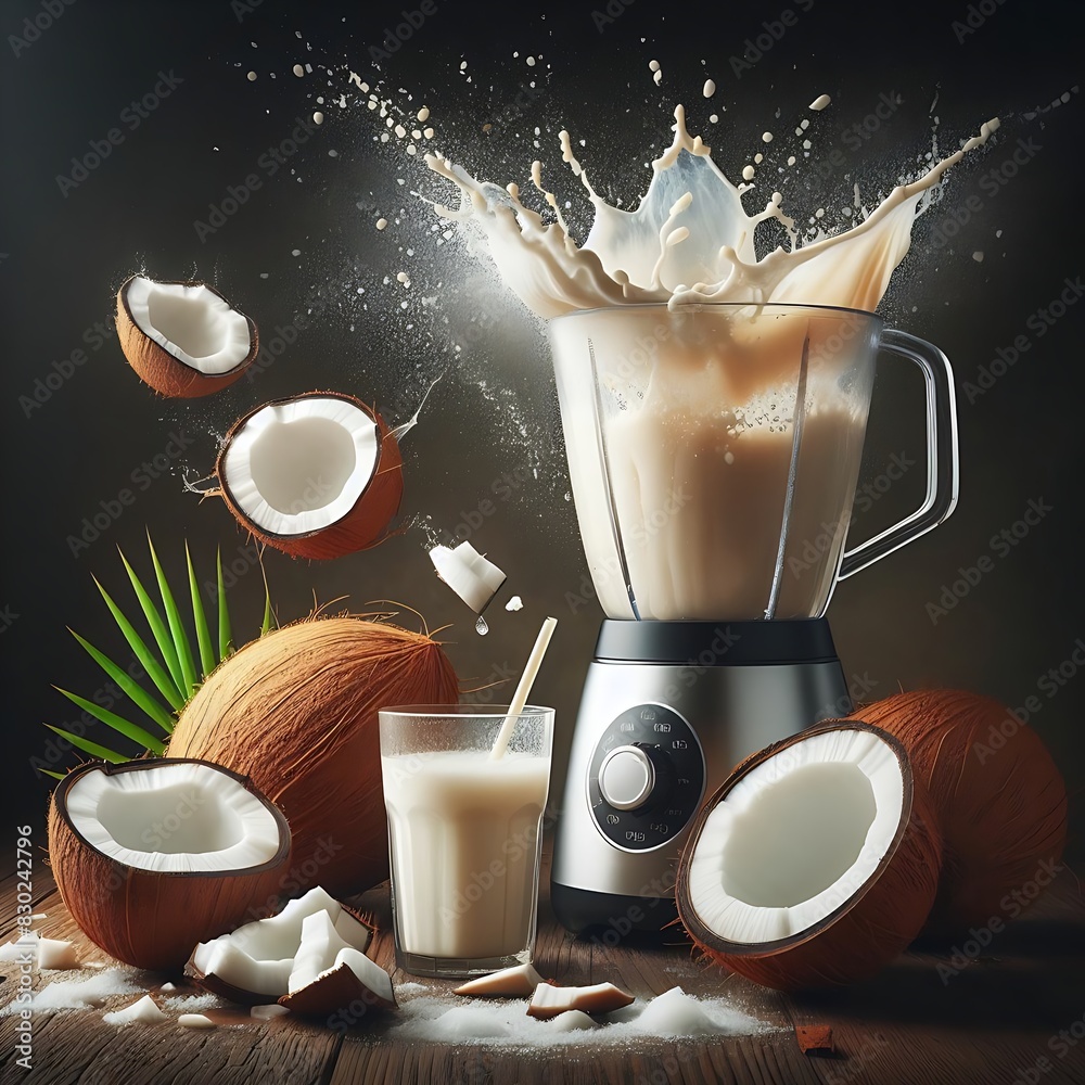Coconut juice splashing out of fruit blender with slice of coconut ...