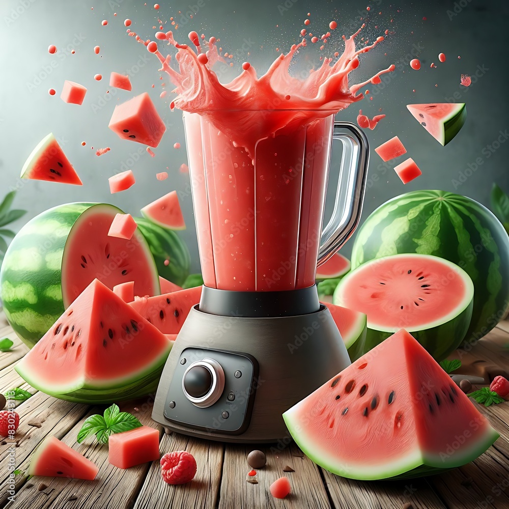 Watermelon juice splashing out of fruit blender with slice of ...