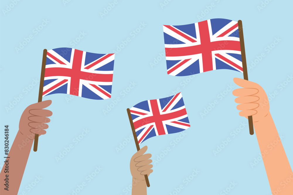 Diverse people hands raising flags of United Kingdom. Vector ...
