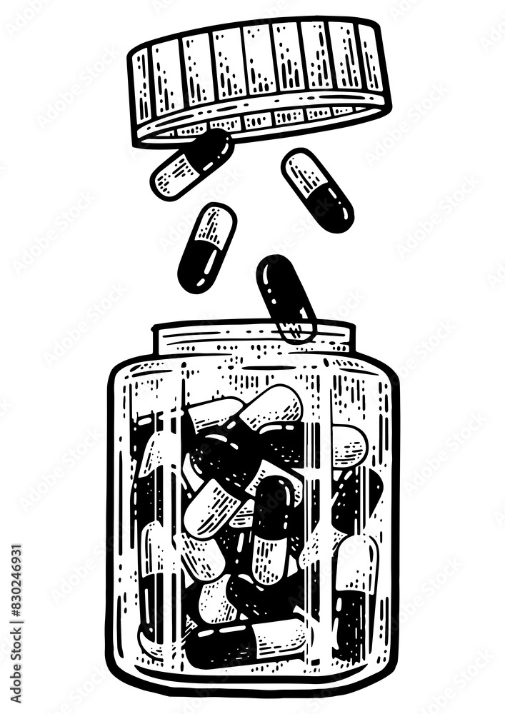 jar of drug pills sketch engraving PNG illustration. T-shirt apparel ...