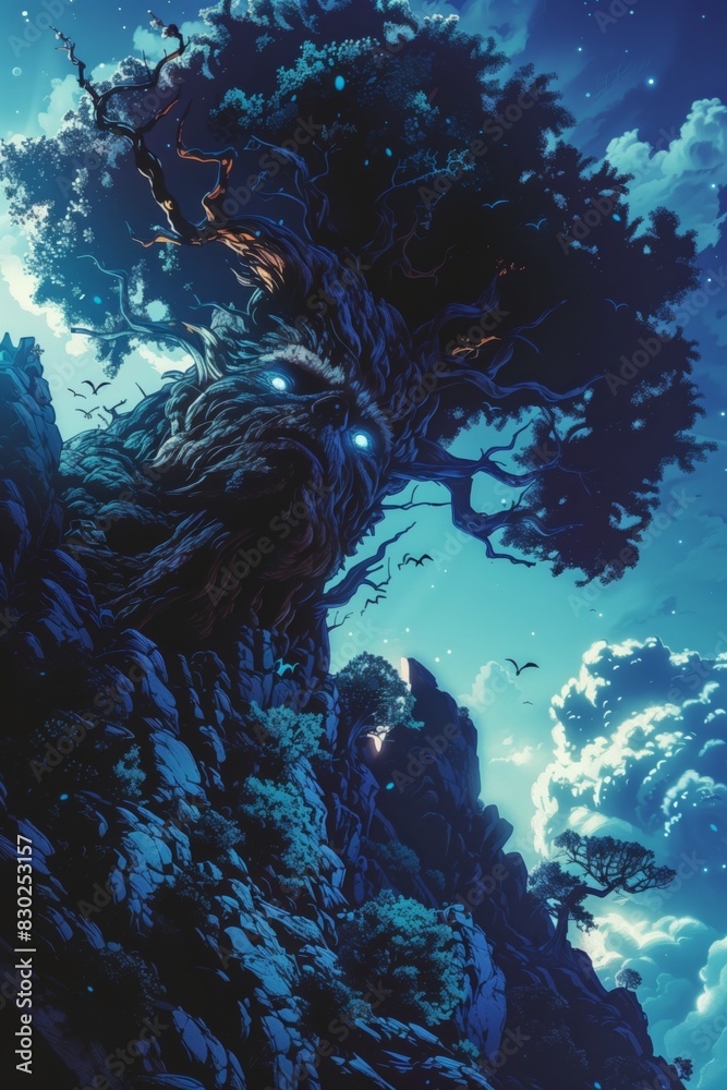 Angry ent, alive tree character stand on his roots on the mountain's ...