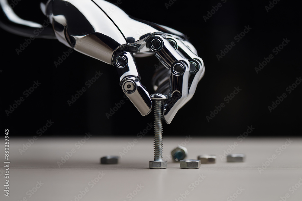 Robotic hand at work, automaton arm with metallic robot fingers picking ...