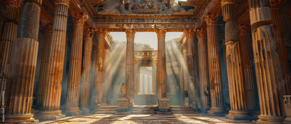 Inside of ancient greek temple, interiors illuminated by natural light ...