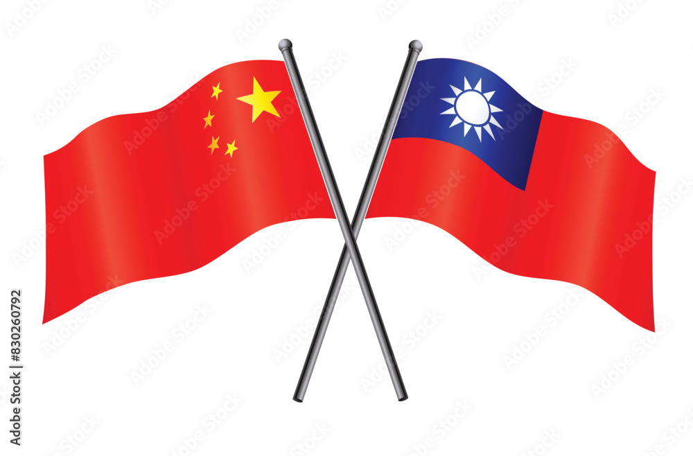 flying Taiwan and China flags on flagpoles versus crossed transparent ...