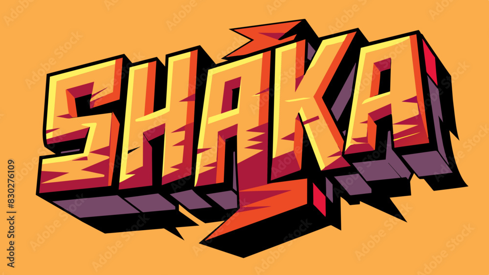 A bold and striking "Shaka" text design in a retro comic style with ...