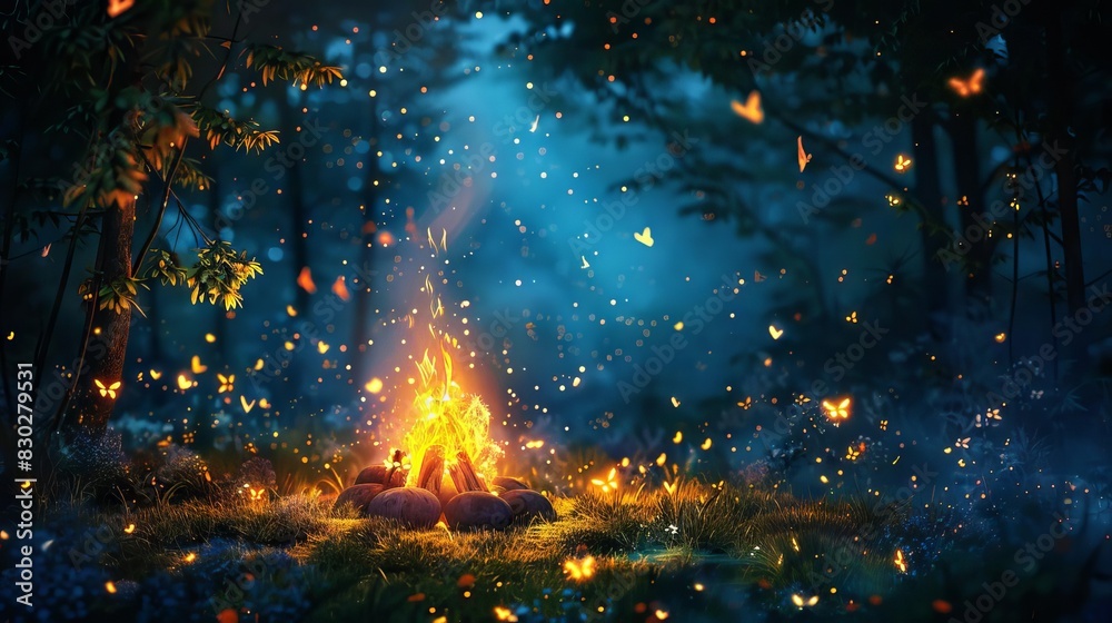 enchanting fireflies dancing around a glowing campfire in the night ...