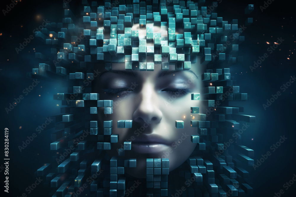 woman's face with 3D cubes and particles in space as symbol of ...