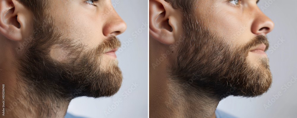Collage of two photos of a man with a beard hair loss problem before ...