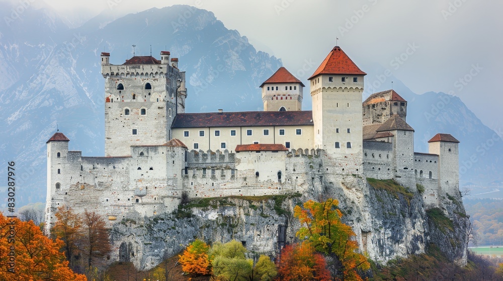 Timeless grandeur medieval castle towers above village with turrets and ...