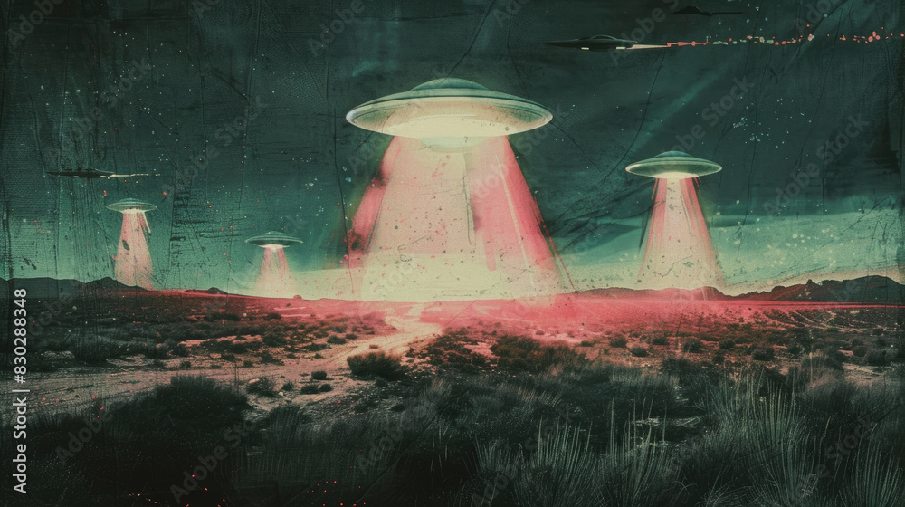 Four unidentified flying objects hover in the night sky, emitting red ...