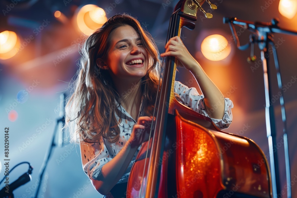 Positive Young woman playing double bass on stage with microphones and ...