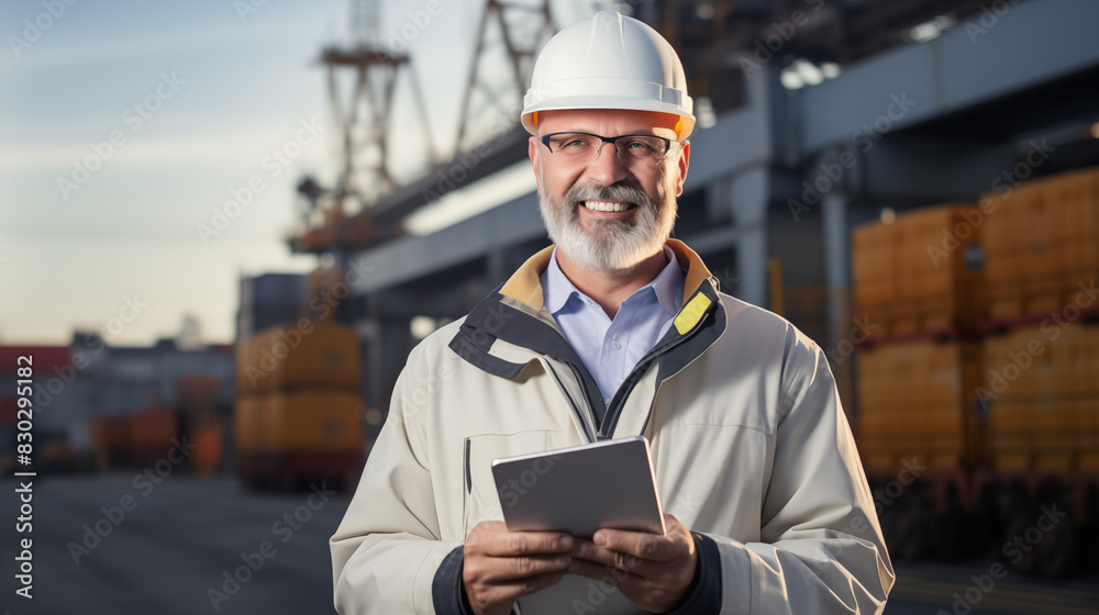 Engineer wearing uniform with logistics container dock cargo yard with ...