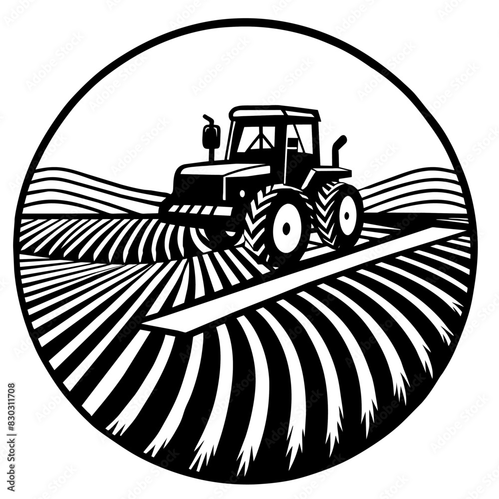 Farm scene captured in a circular vintage linocut style logo, featuring ...