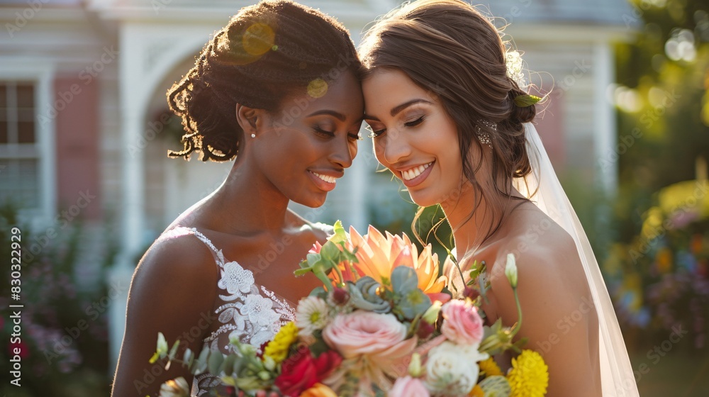 couple of LGBT woman in wedding dresses on church background. Stock ...