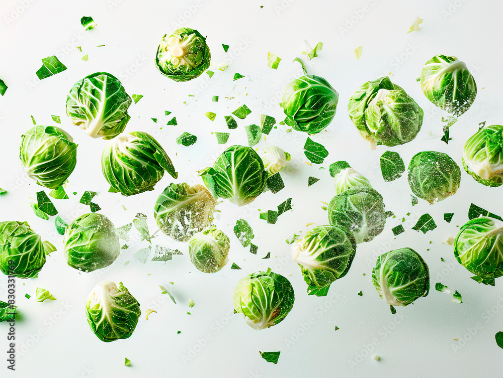 photography of BRUSSELS SPROUTS falling from the sky, hyperpop colour ...