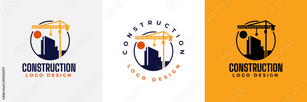 Vetor de Construction logo design. Crane and Building logo for ...