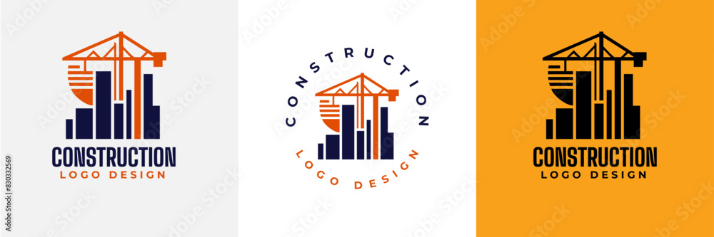 Vetor de Construction logo design. Crane and Building logo for ...