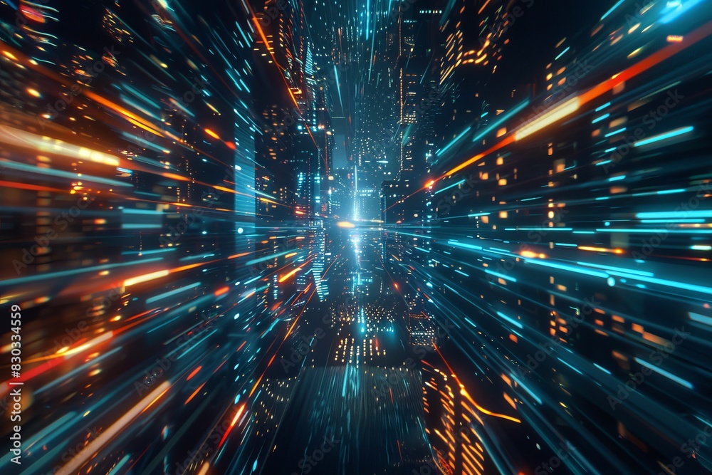 3D Rendering of warp speed in hyper loop with blur light from buildings ...