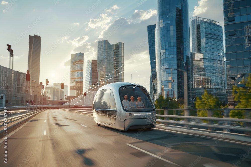 Shot of a Futuristic Self-Driving Van Moving on a Public Highway in a Modern City with Glass ...