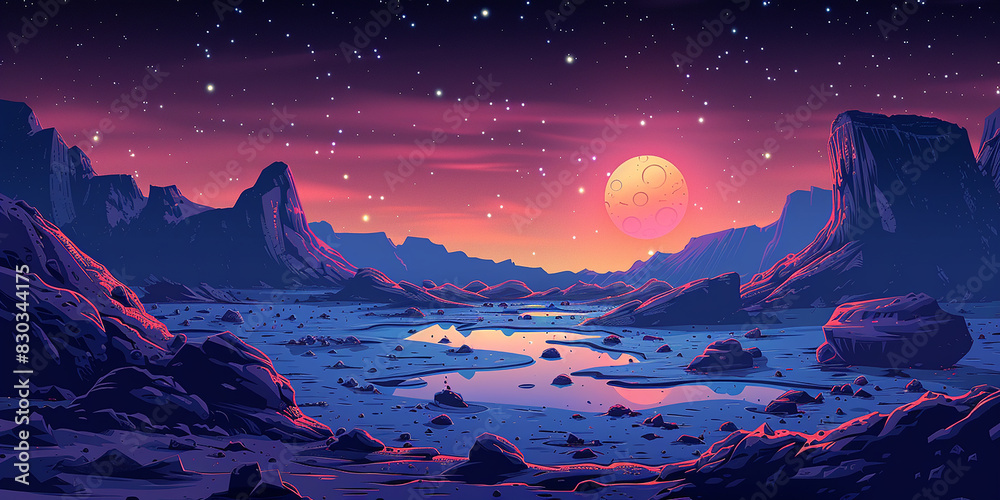 Alien planet landscape with rocky surface and lake. Vector cartoon ...