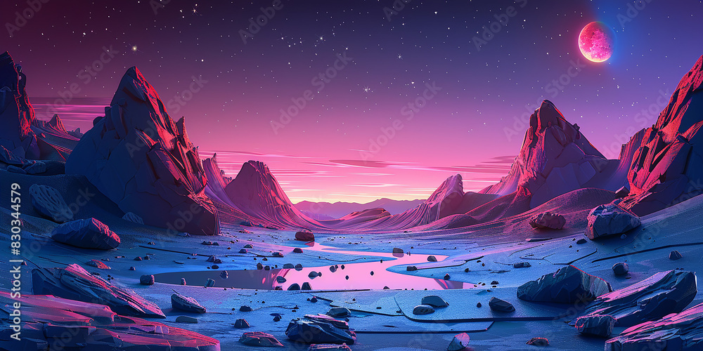 Alien planet landscape with rocky surface and lake. Vector cartoon ...