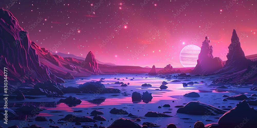 Alien planet landscape with rocky surface and lake. Vector cartoon ...