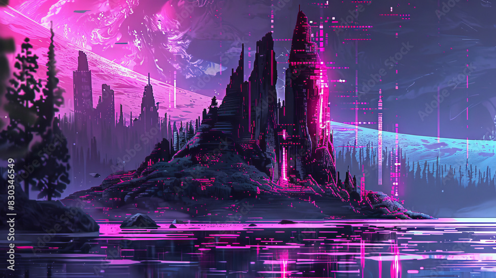 Pixel art scene with 80s and 90s video game graphics, vibrant colors ...