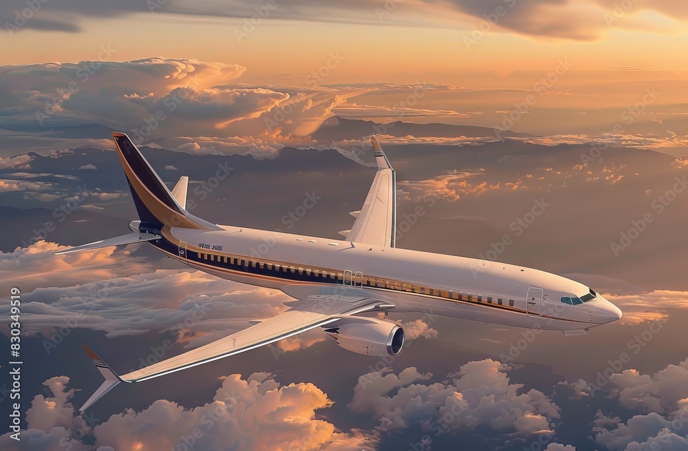 A commercial airplane flying high in the sky, sunset background, wide ...