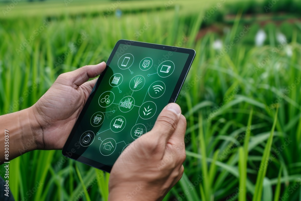 A farmer holding an Pad with icons of rice, water and technology ...