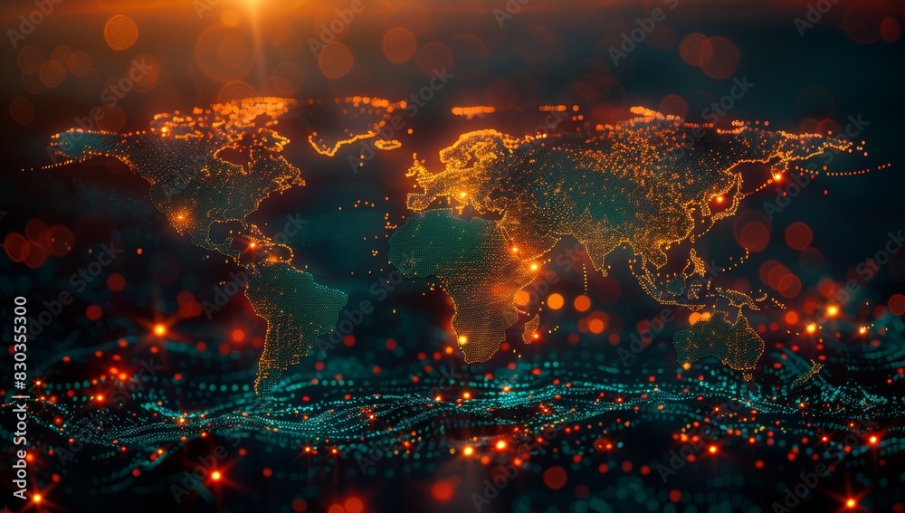 Green stock market chart with world map and candles, glowing green ...