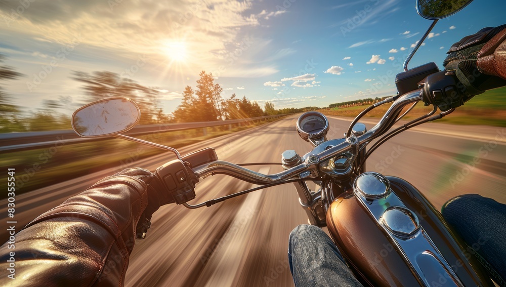 Man riding motorcycle on highway, first person view of motorcyclist's ...