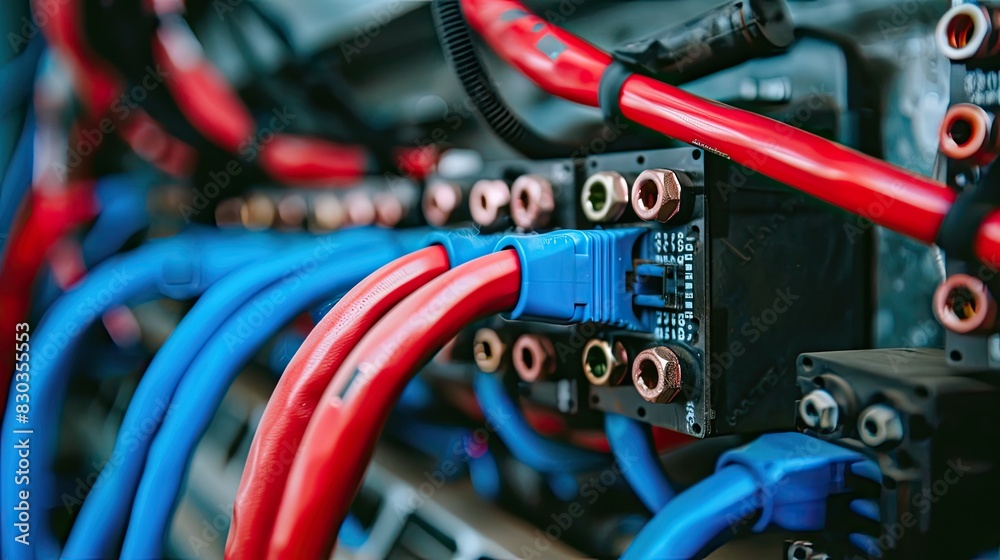 Red and blue wires emerging from a junction box, illustrating a complex ...