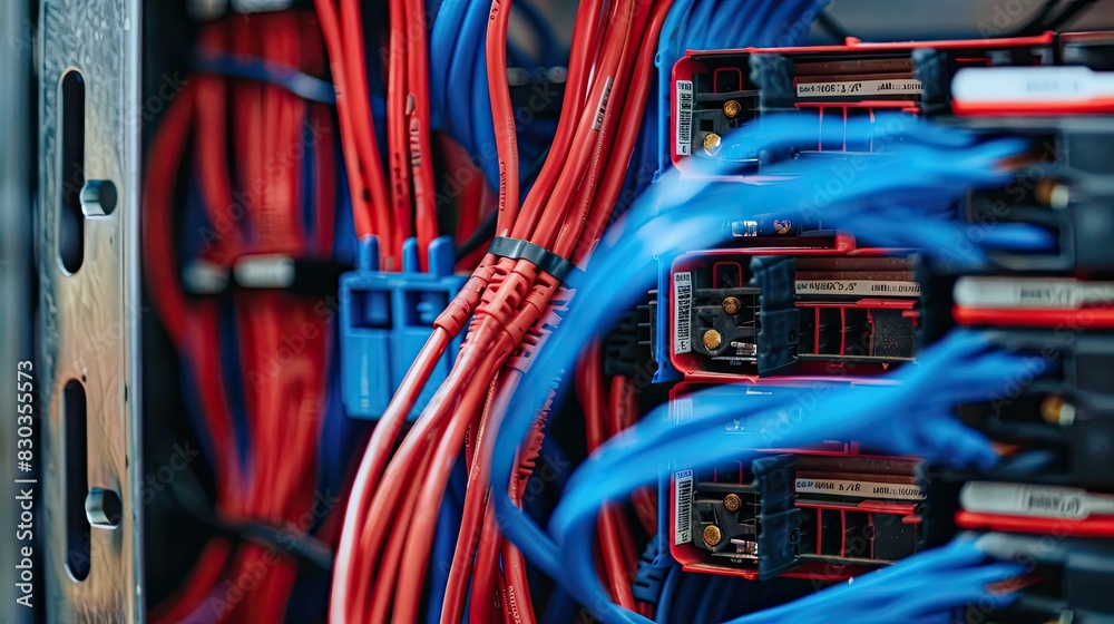 Red and blue wires emerging from a junction box, illustrating a complex ...