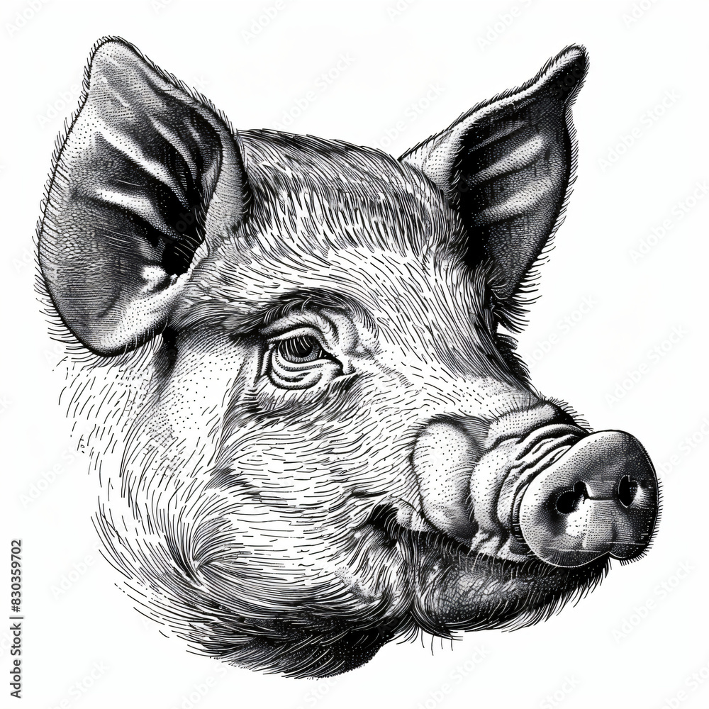 Large fat pig head isolated on white background. Farm animal. Farming ...