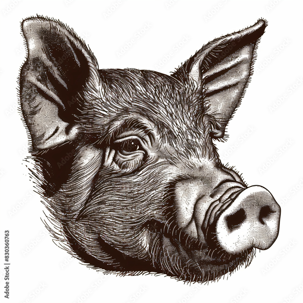 Large fat pig head isolated on white background. Farm animal. Farming ...