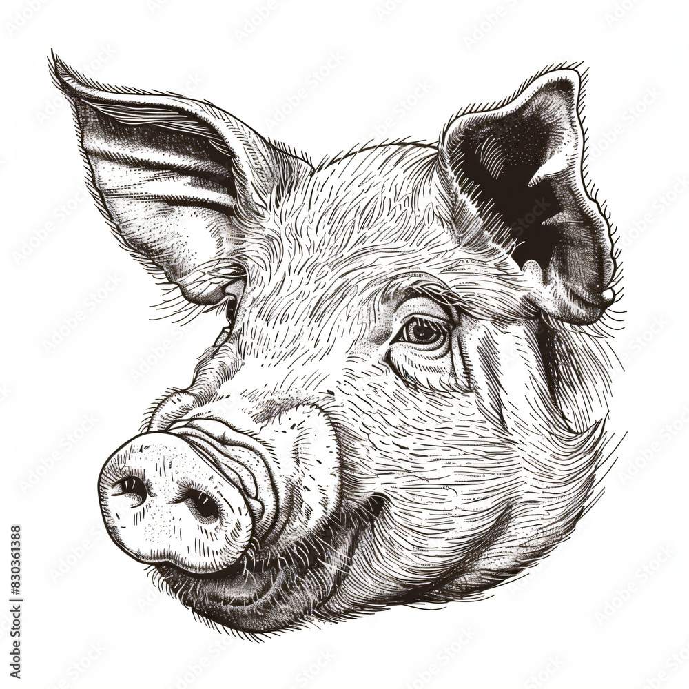 Large fat pig head isolated on white background. Farm animal. Farming ...