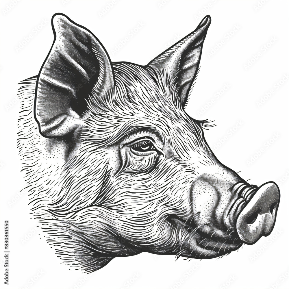 Large fat pig head isolated on white background. Farm animal. Farming ...