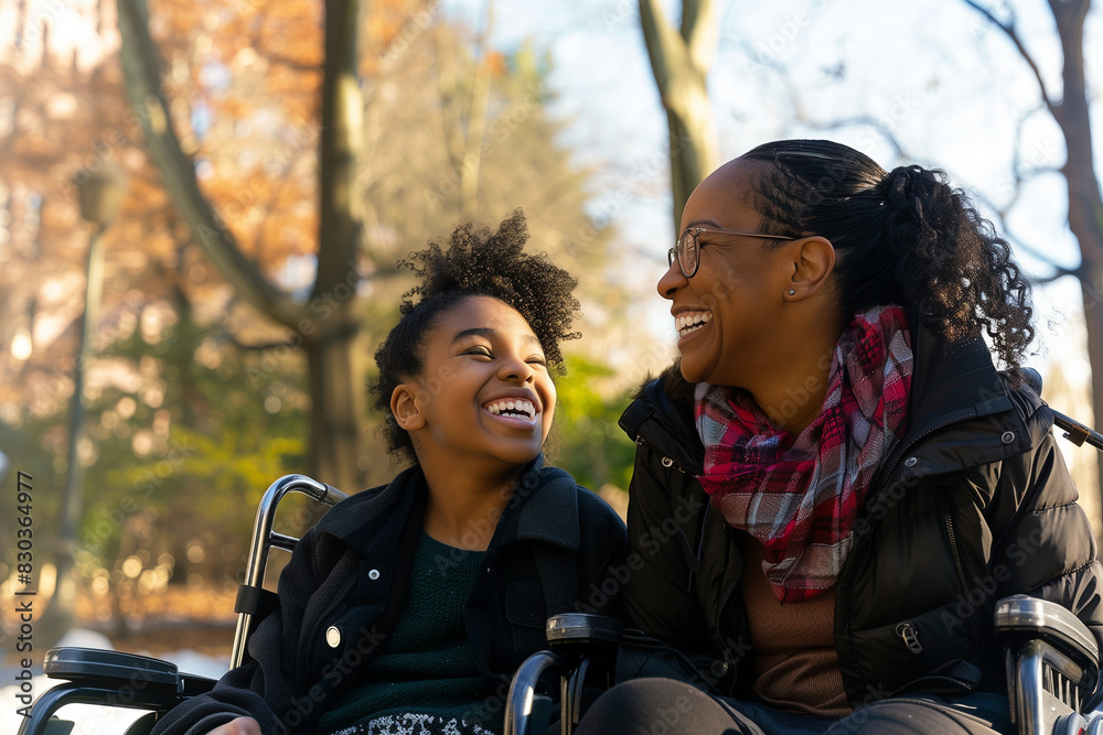 Happy disabled mother and daughter sitting in wheelchairs outdoors at ...