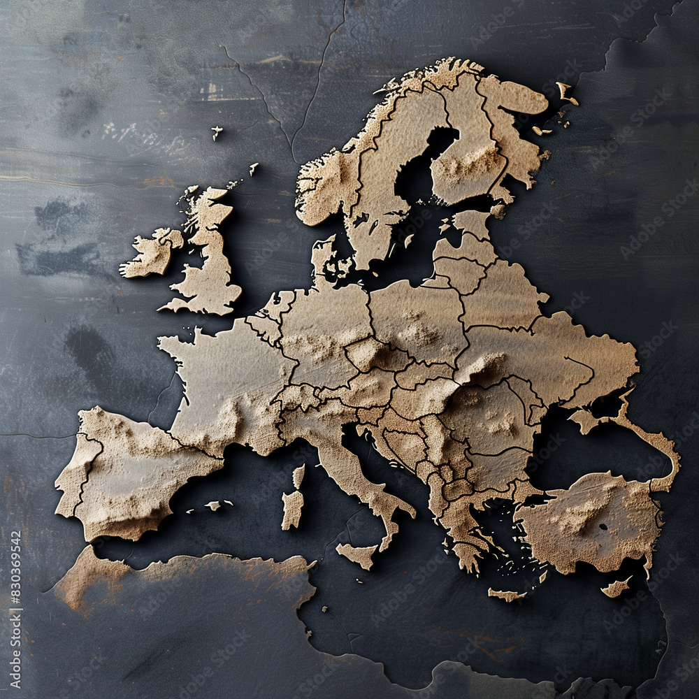 This image depicts a detailed, artistic wooden map of Europe with ...
