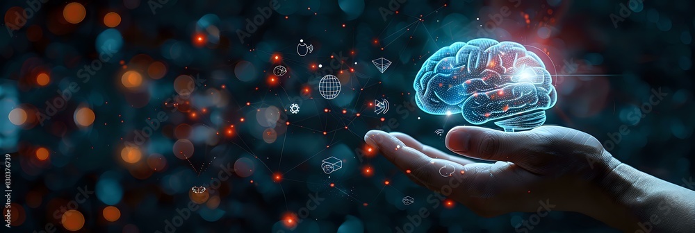 Digital illustration of a hand holding a glowing AI brain, symbolizing ...
