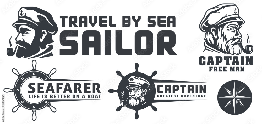Monochrome vector set featuring sailor and captain, including marine ...