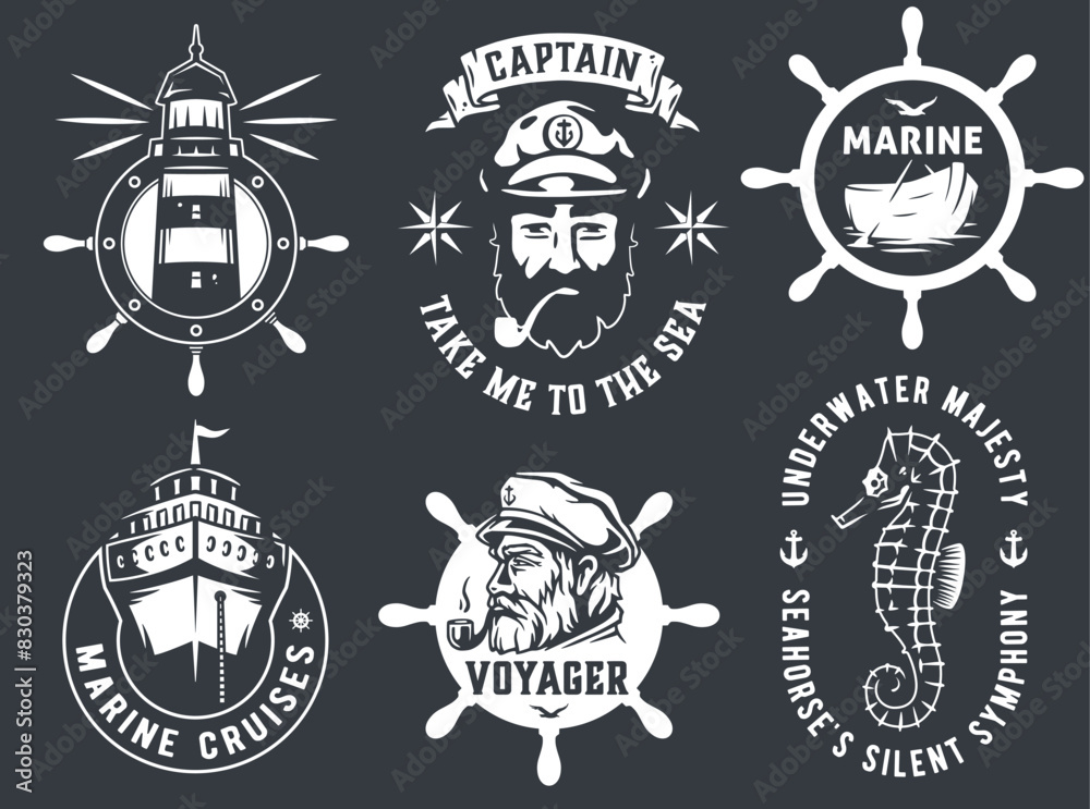 Poster Collection of vintage nautical emblems featuring maritime ...