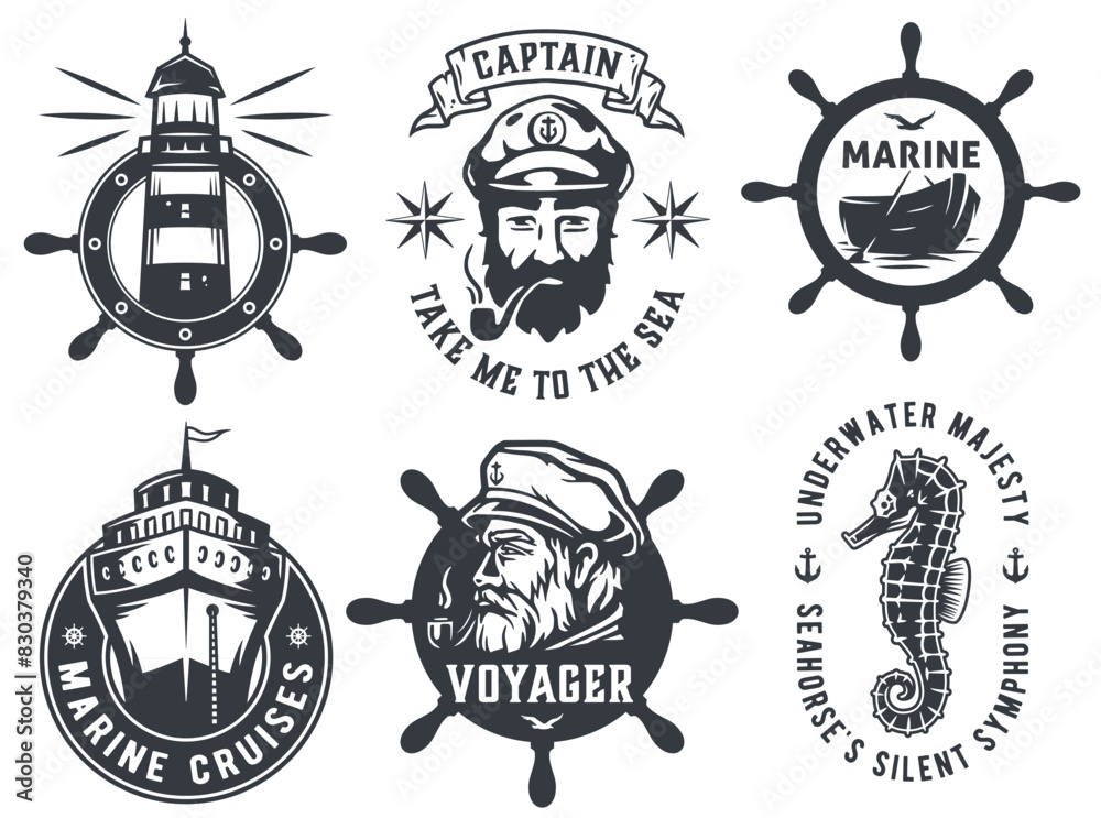 Collection of vintage nautical emblems featuring maritime symbols, a ...