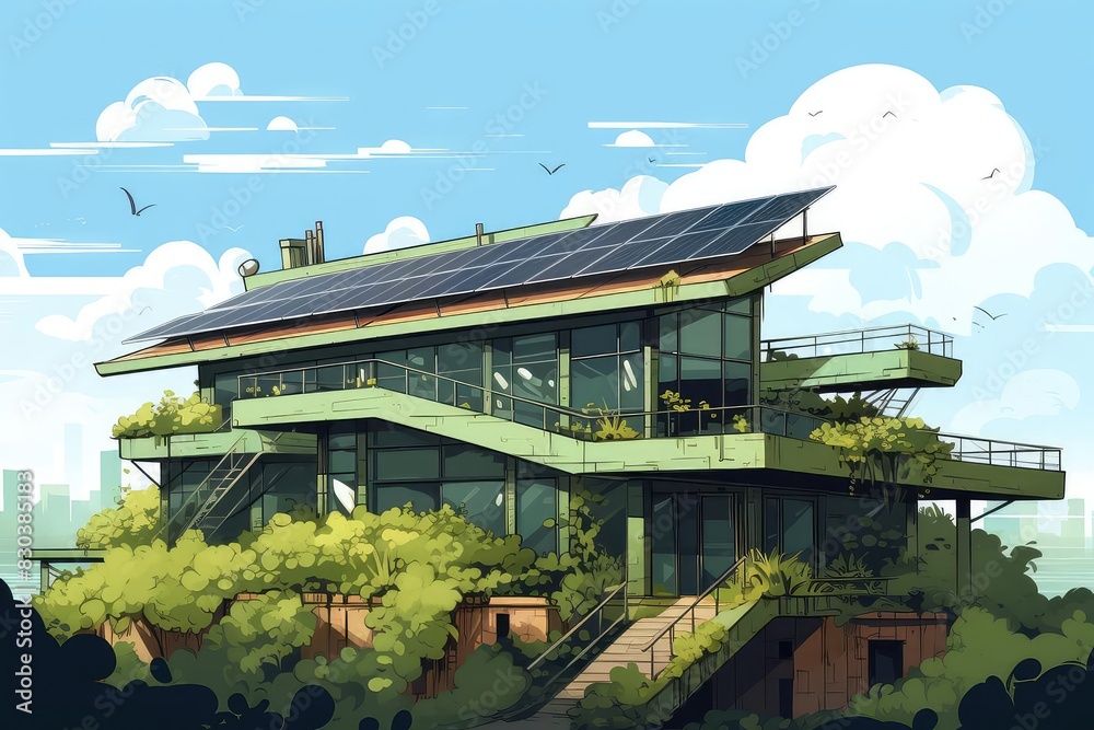 Solar panels on a green rooftop garden illustration flat design side ...