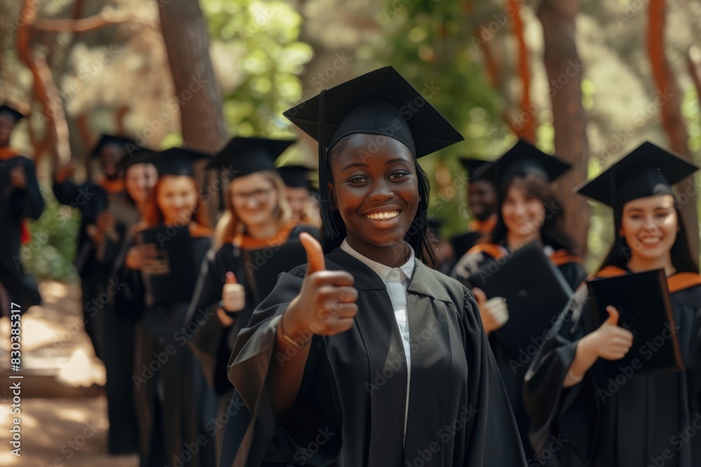 Happy multiethnic graduates in black caps and gowns, posing with ...