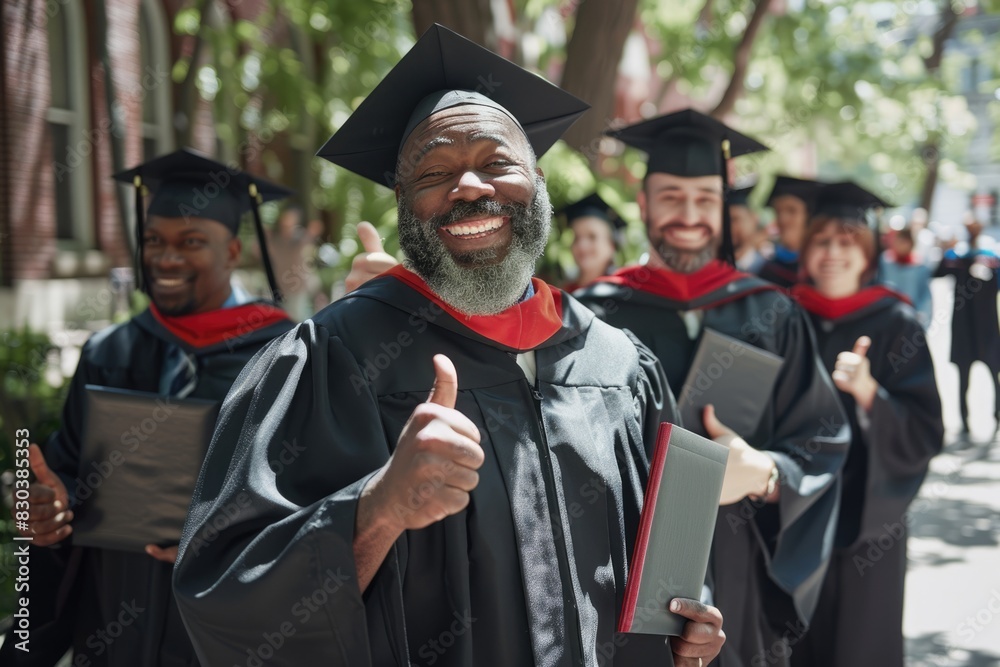Happy multiethnic graduates in black caps and gowns, posing with ...