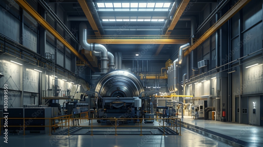 The inside of a turbine hall in a nuclear power plant, with a giant ...