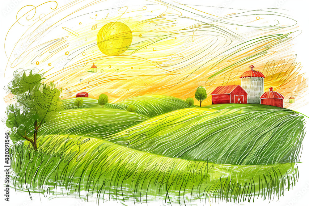 Rural landscape with a farm on field. Beautiful nature with sunny green ...